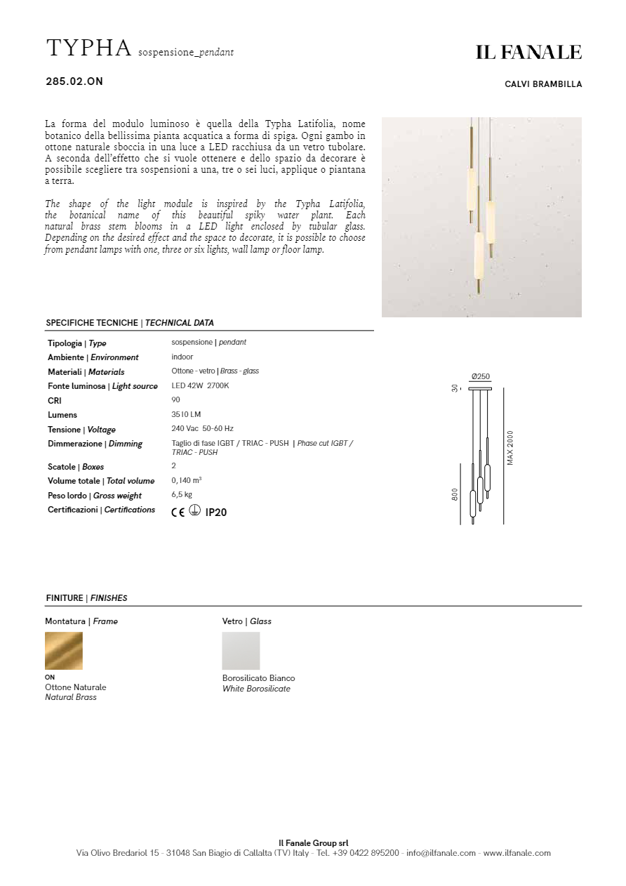 TYPHA 285.02 LED brass pendant lamp By Il Fanale | design Calvi Brambilla