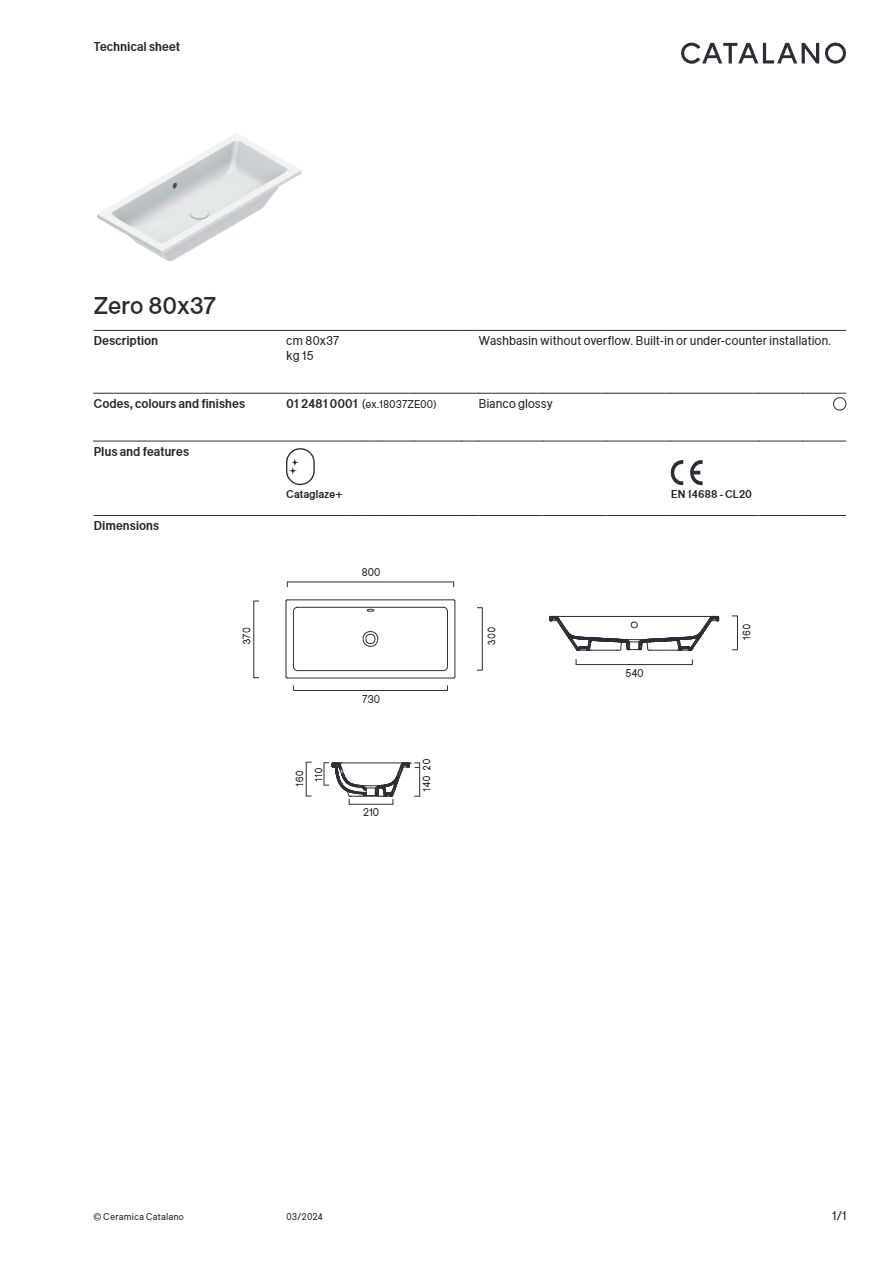 ZERO 80x37 Undermount single rectangular washbasin By CERAMICA CATALANO