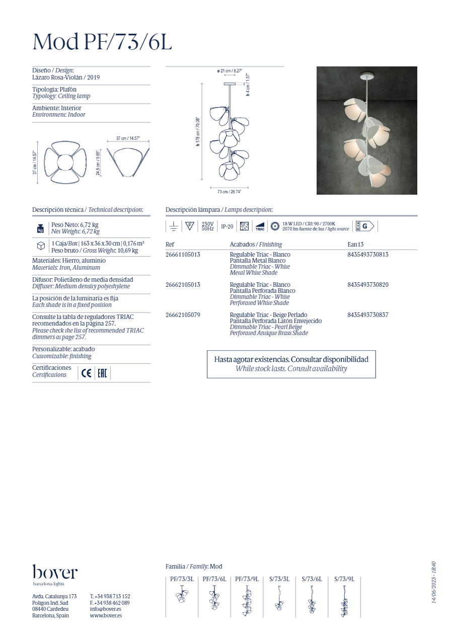 MOD PF/73/6L Lampe de plafond By BOVER | design Lázaro Rosa-Violán