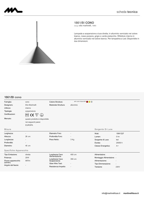 CONO Lampada a sospensione By Martinelli Luce | design Elio Martinelli
