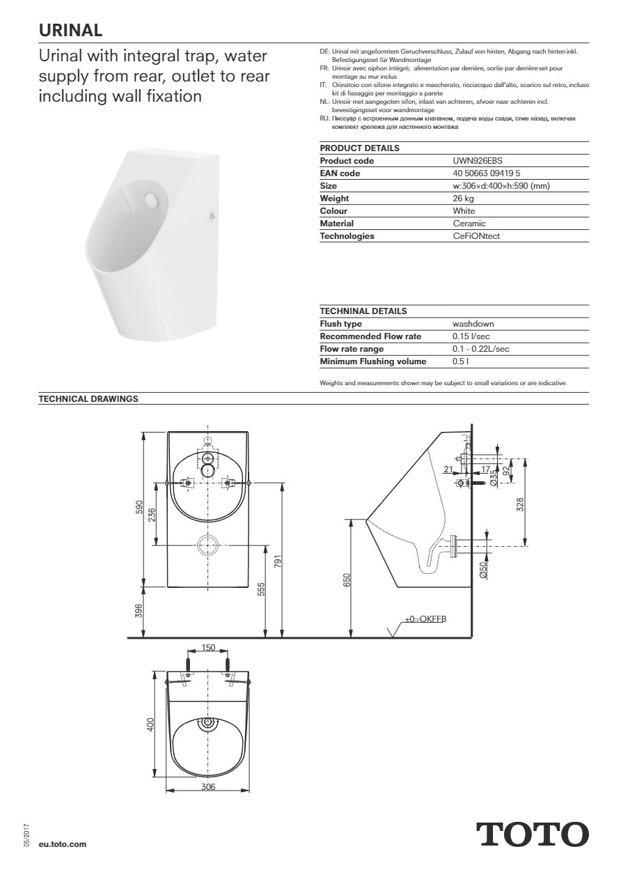 UWN926EBS Urinal By TOTO