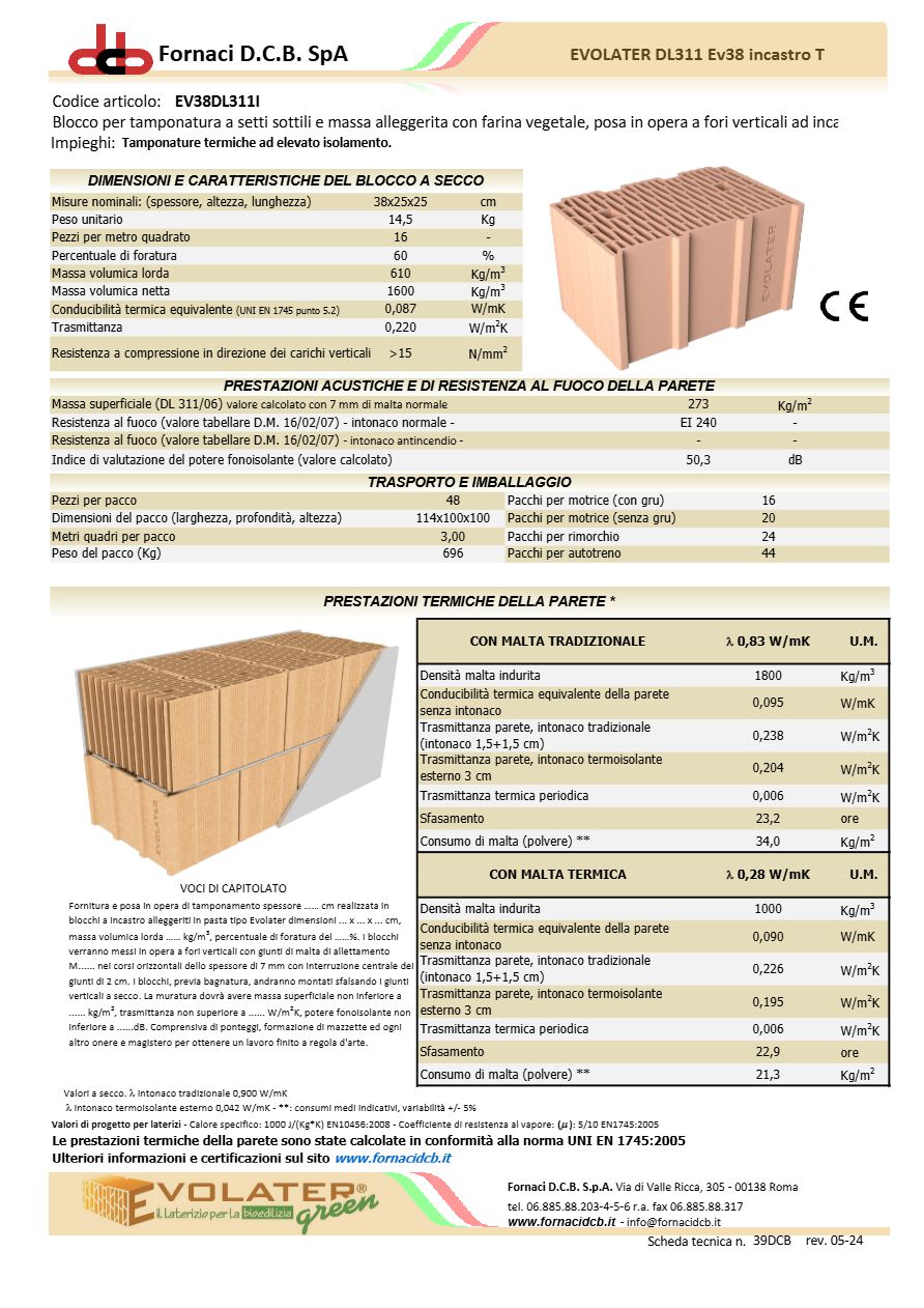 BLOCCO INCASTRO 38X25X25 Blocco in laterizio termoisolante By Fornaci DCB