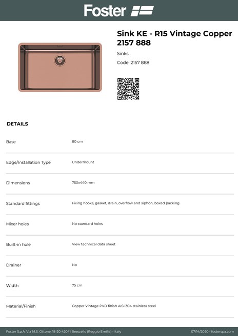 KE 71 VINTAGE COPPER S/T Sink By Foster