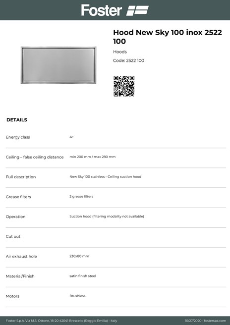 NEW SKY 100 INOX cooker hood By Foster