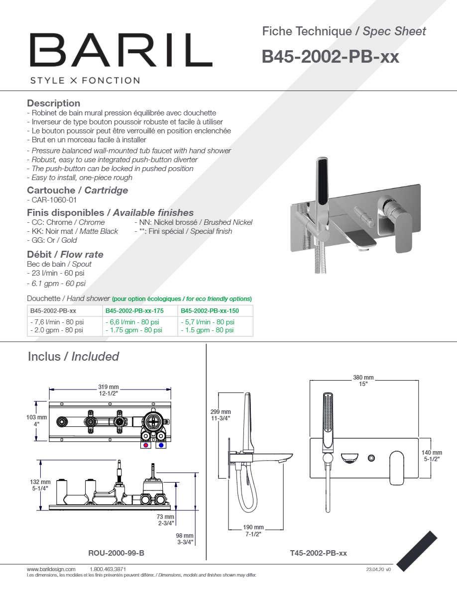 SENS B45 Wall-mounted 4 hole bathtub mixer with hand shower By BARIL