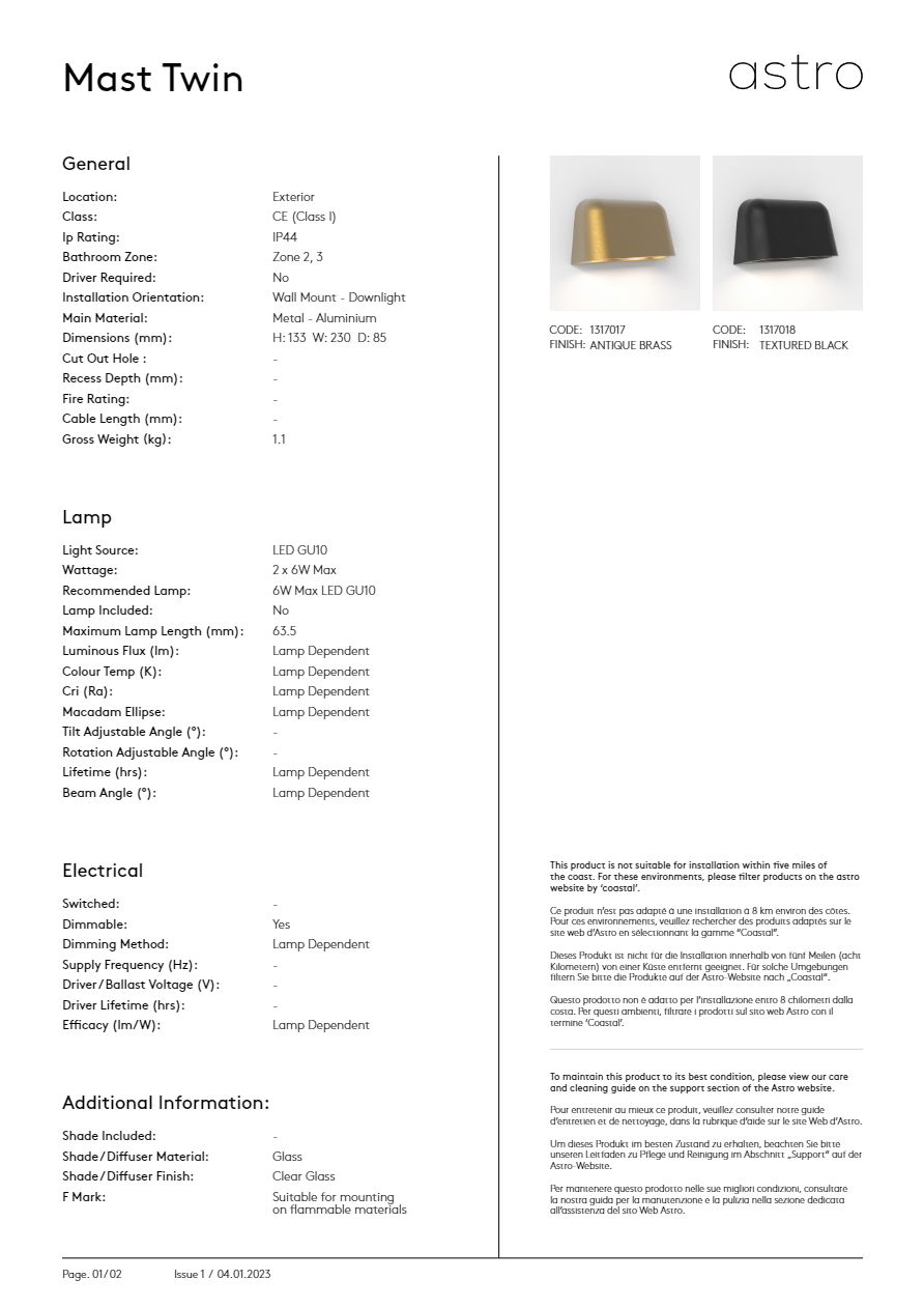 MAST TWIN Outdoor wall lamp By Astro Lighting