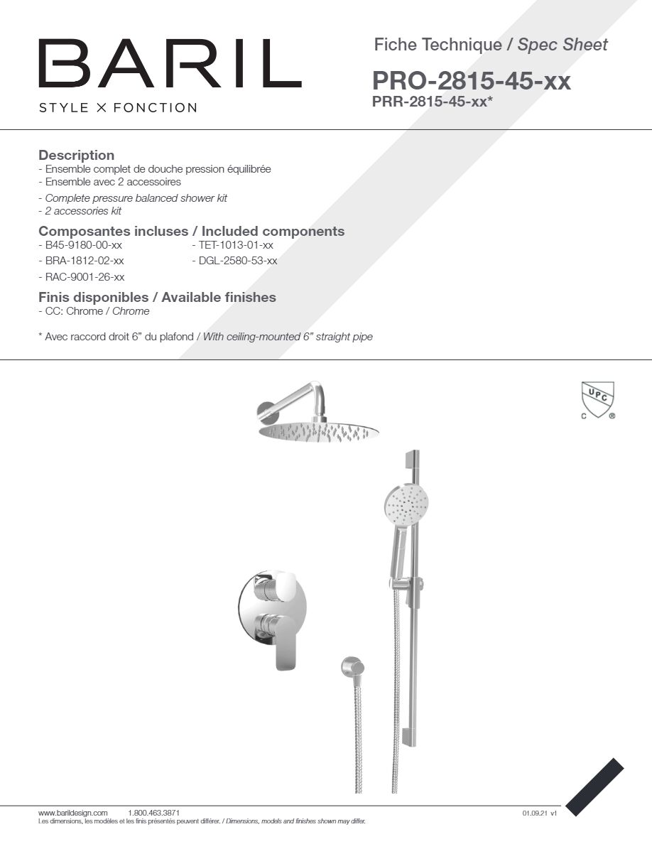 PRO-2815-45 Thermostatische Duschset mit Kopfbrause By BARIL