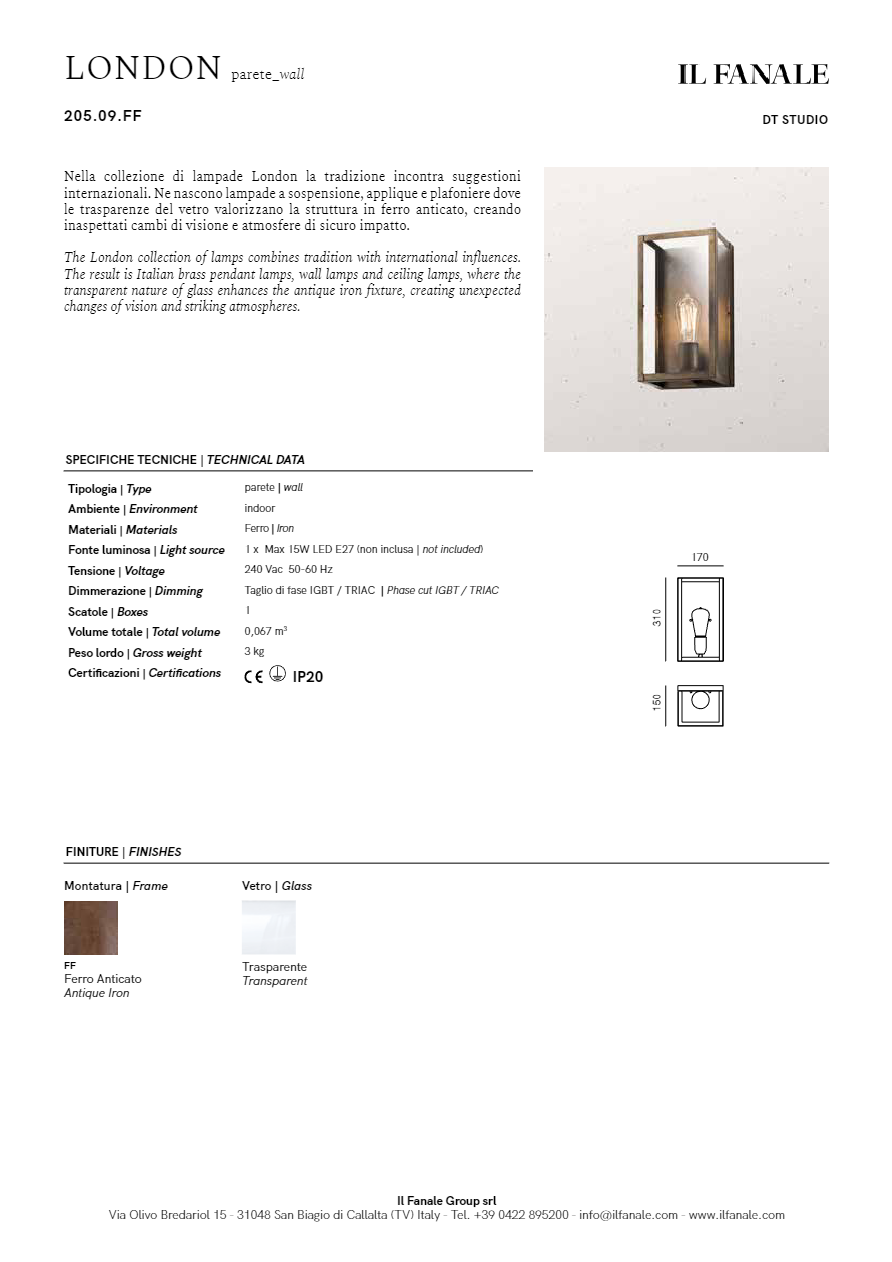 LONDON 205.09 Iron wall light By Il Fanale