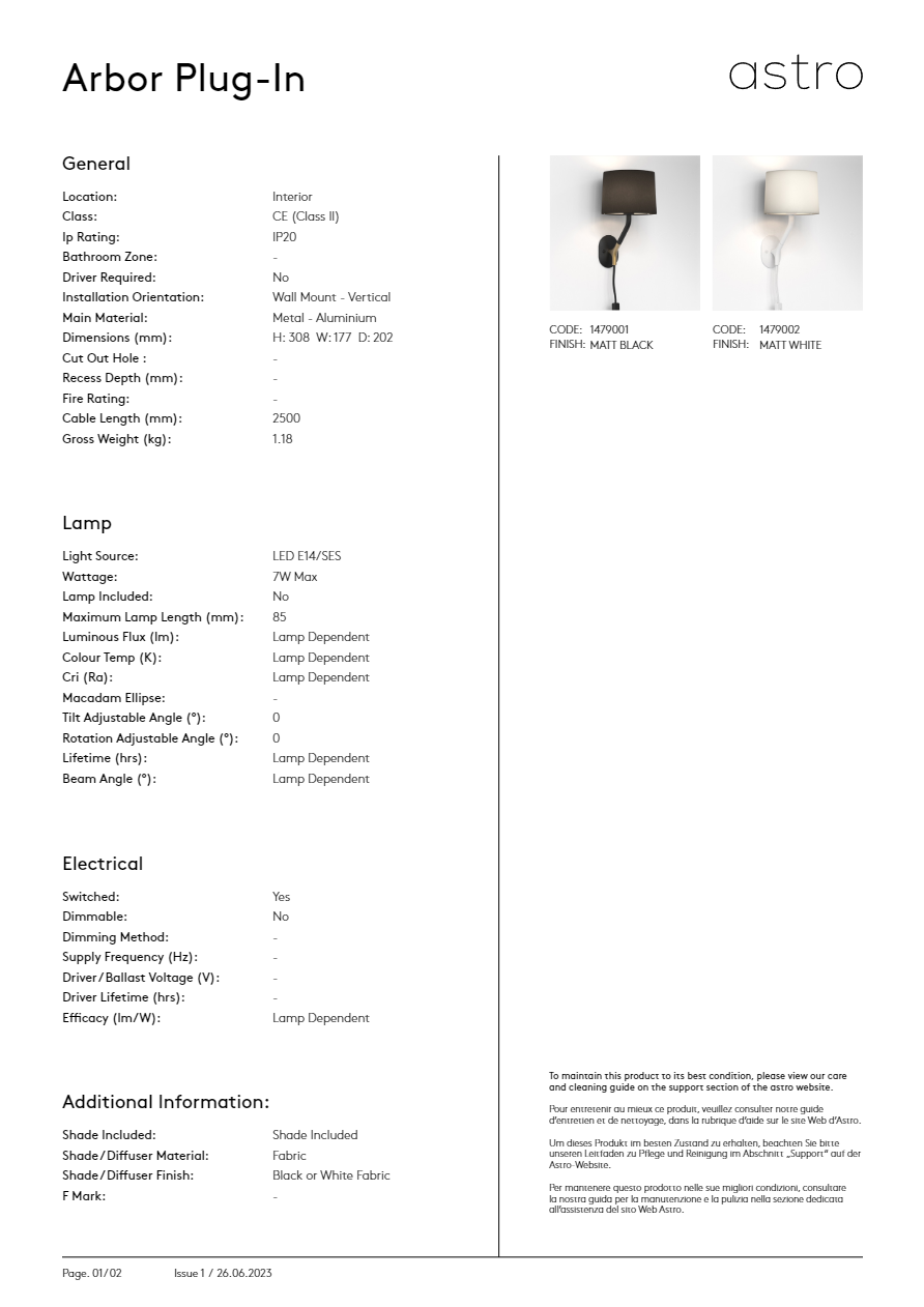 ARBOR PLUG-IN Wall lamp By Astro Lighting