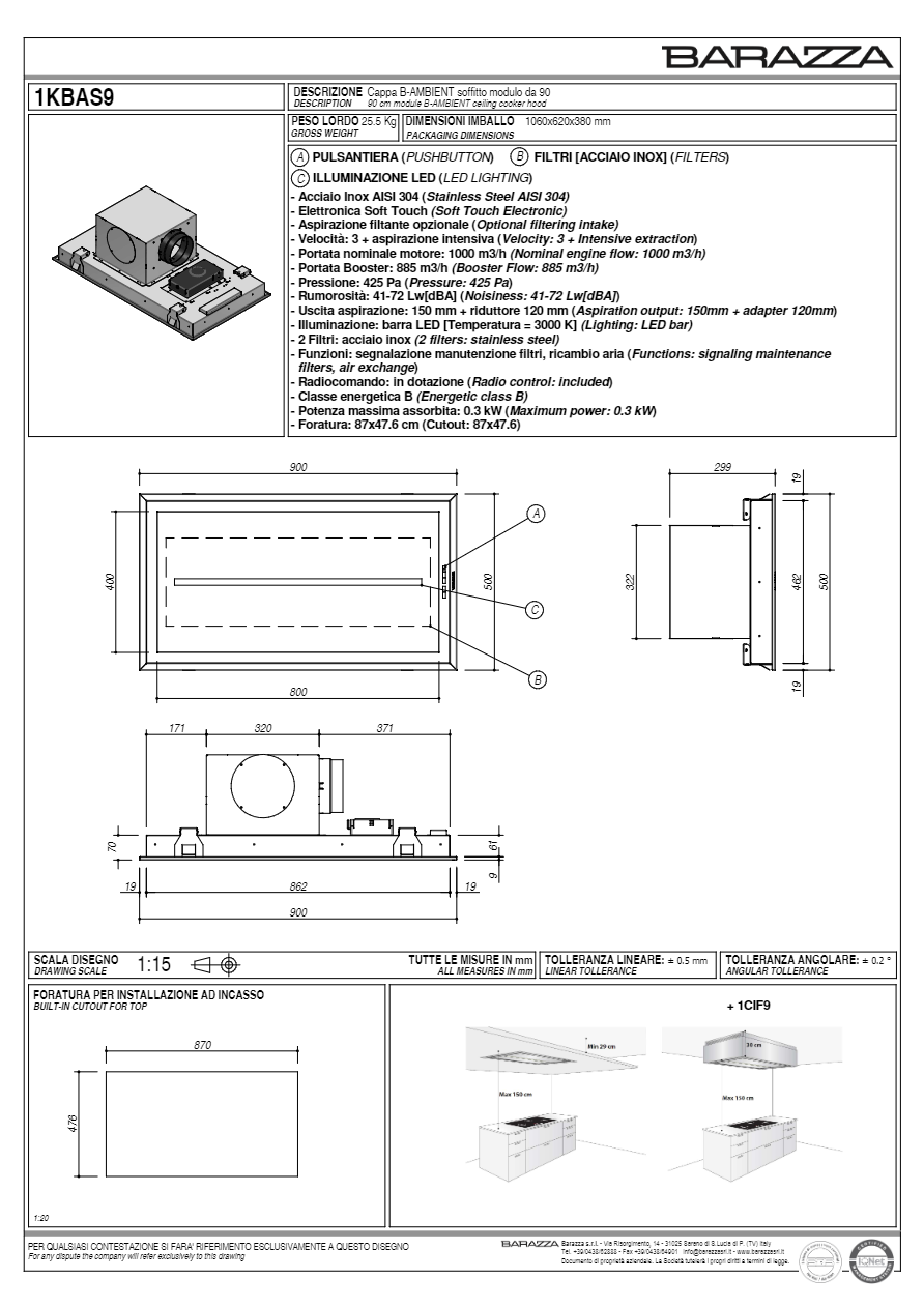 B_AMBIENT 1KBAS9 Cooker hood By Barazza