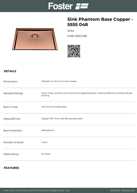 PHANTOM BASE 50X40 COPPER シンク By Foster