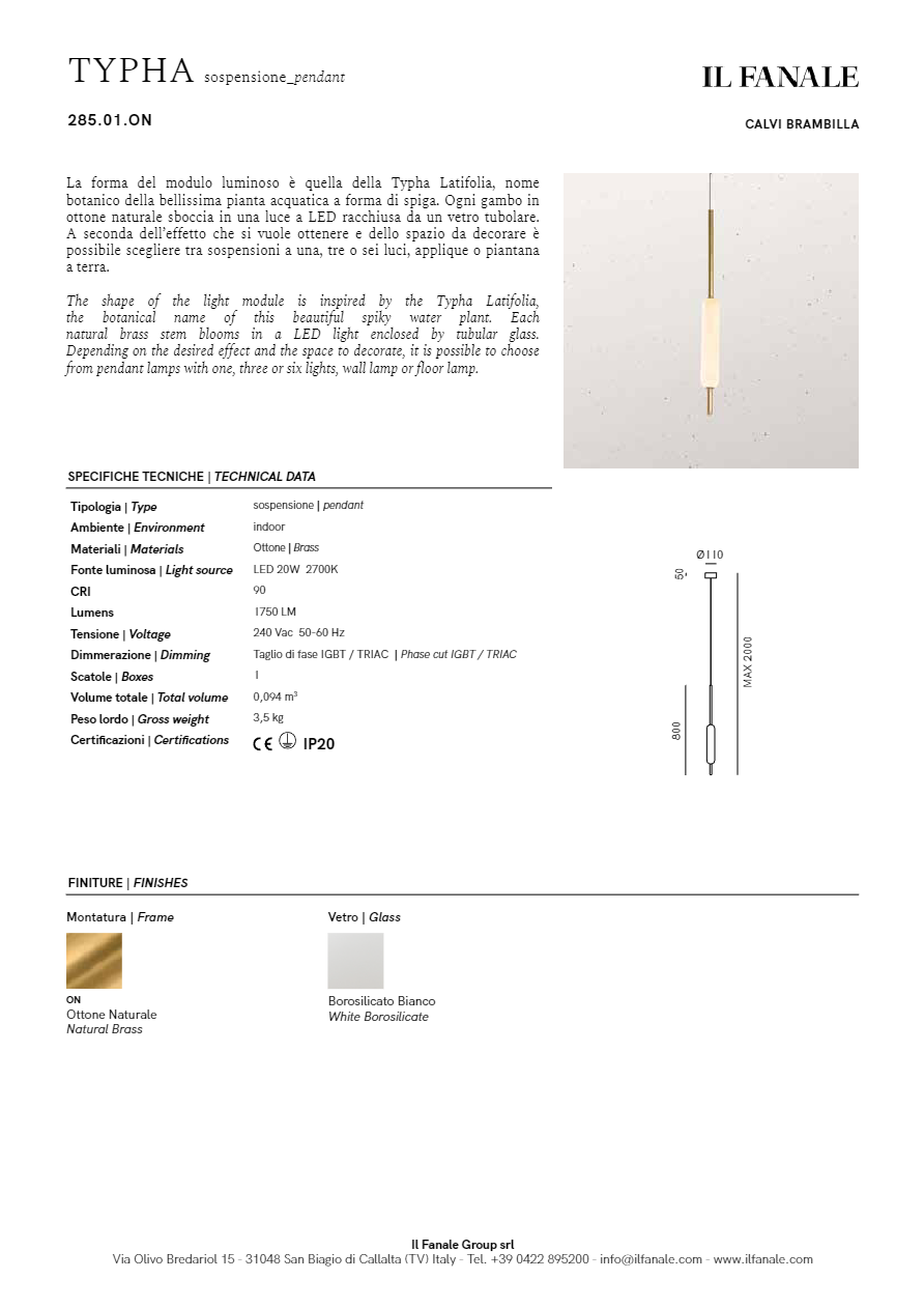 TYPHA 285.01 LED brass pendant lamp By Il Fanale | design Calvi Brambilla