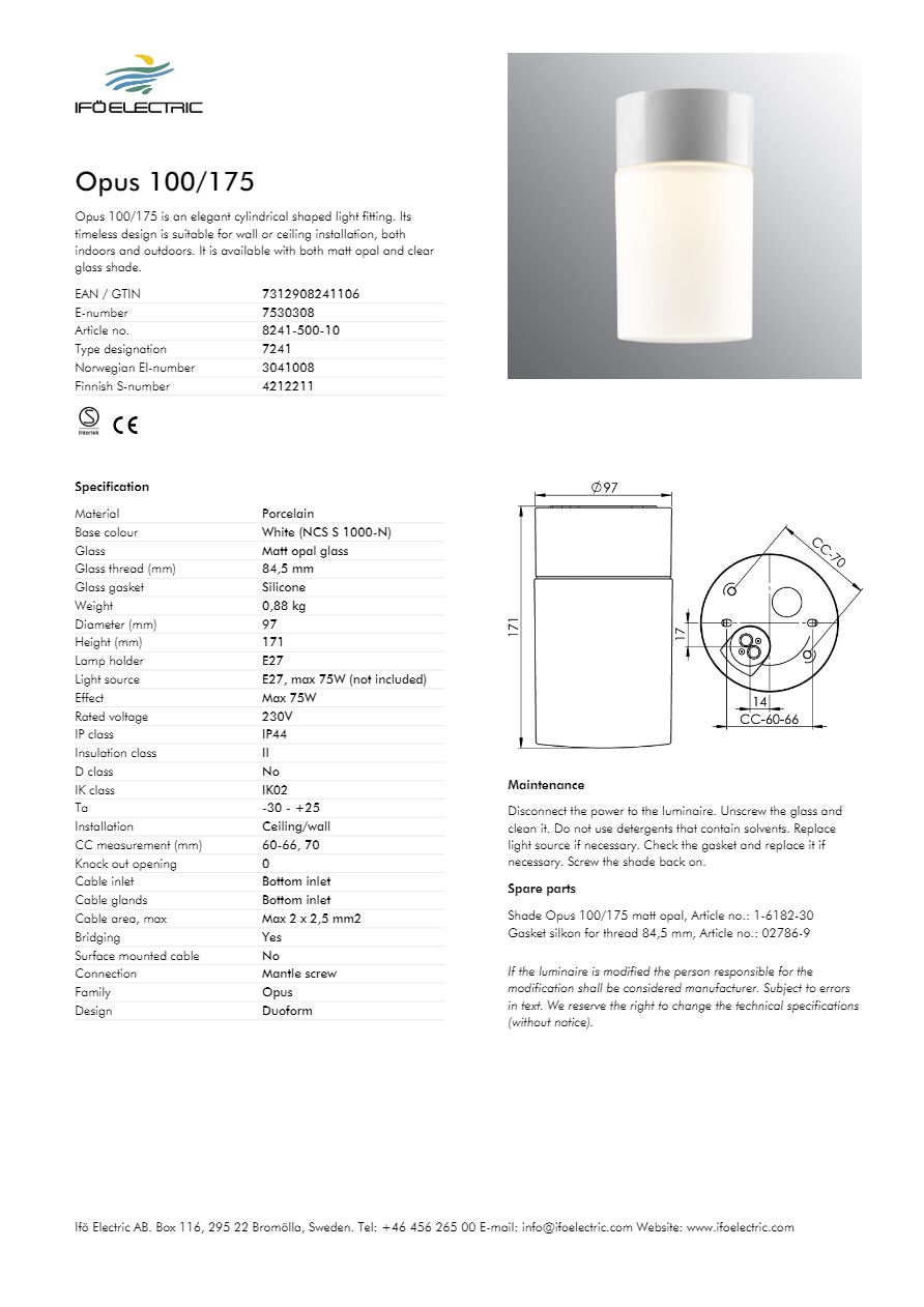 OPUS 100 Ceiling lamp By Ifö Electric