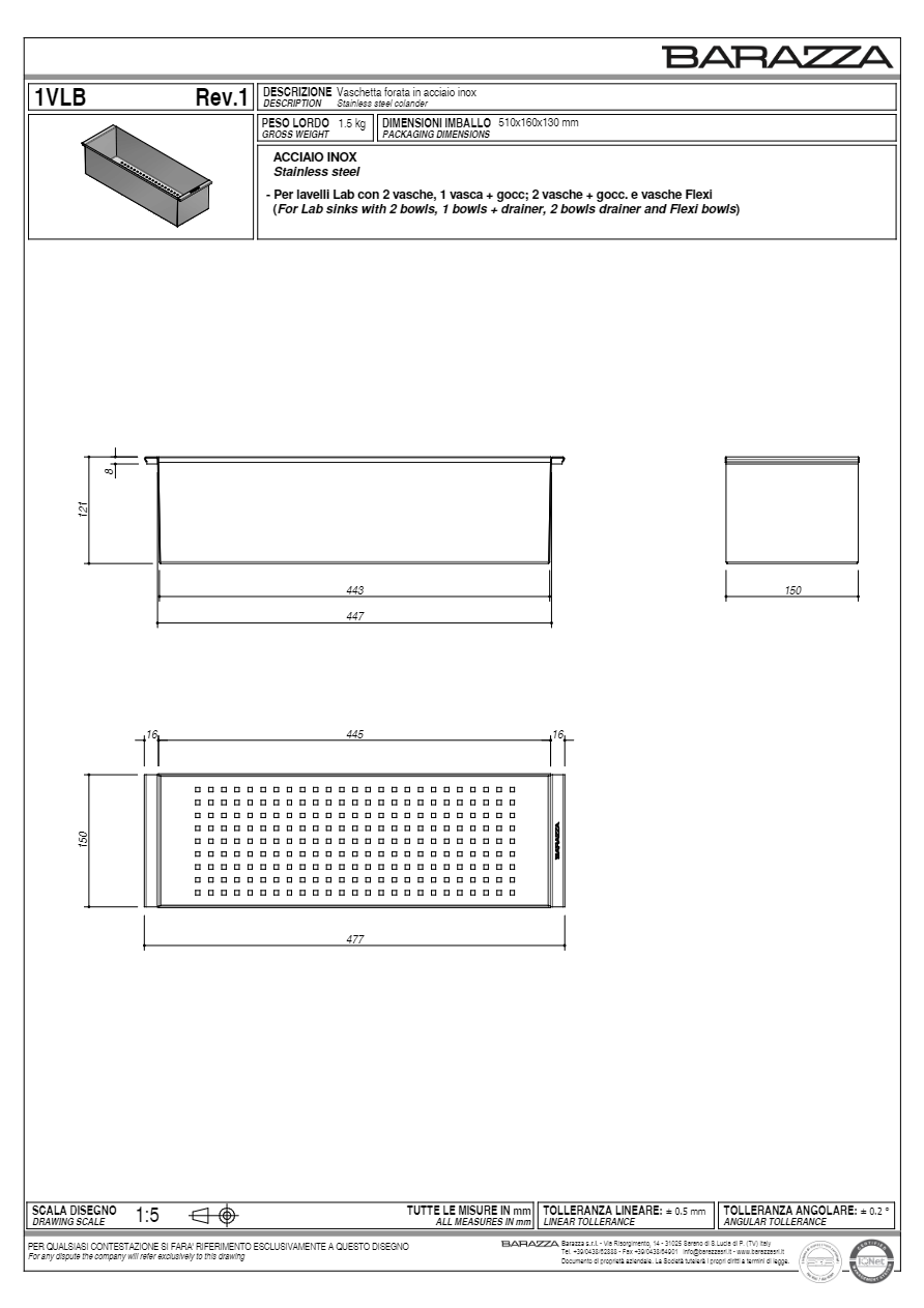 1VBF Cuvette perforée en acier inox AISI 304 By Barazza