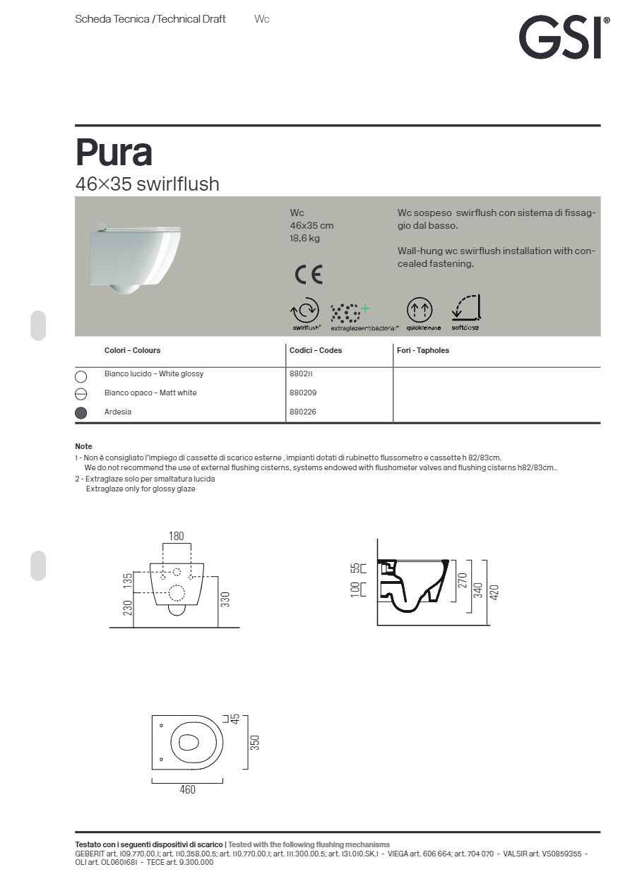 COLOR ELEMENTS 50X36 | Toilet Wall-hung ceramic toilet By GSI ceramica