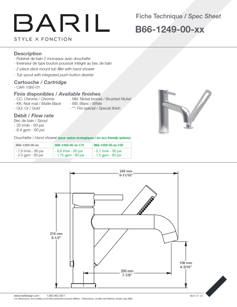 ZIP B66 2 hole bathtub mixer with hand shower By BARIL