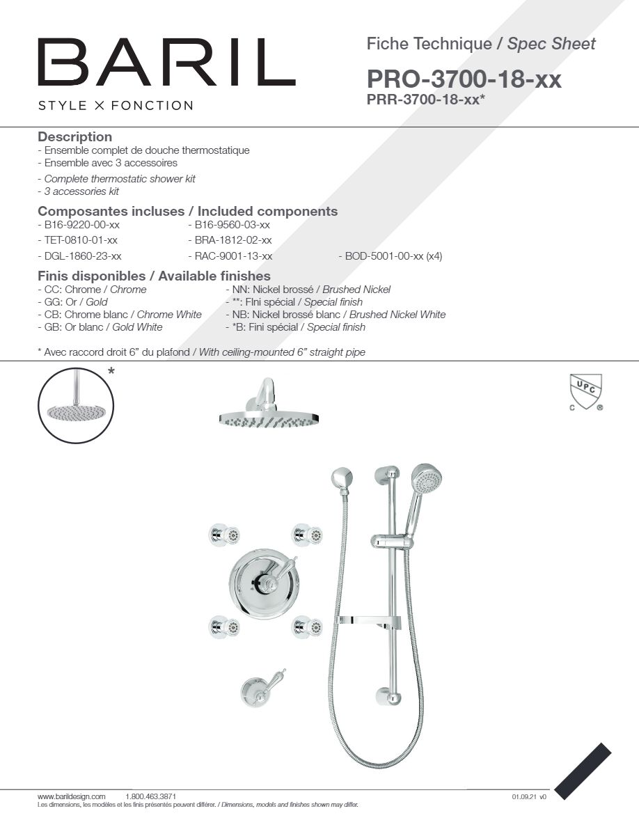 PRO-3700-18 Set doccia termostatico con soffione By BARIL
