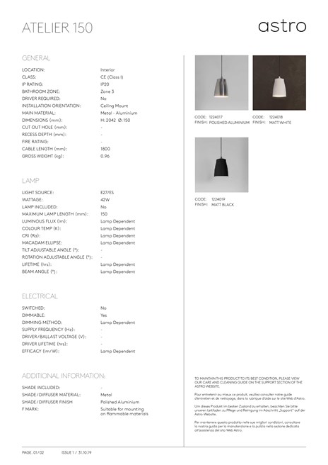 ATELIER Suspension LED dimmable en aluminium By Astro Lighting