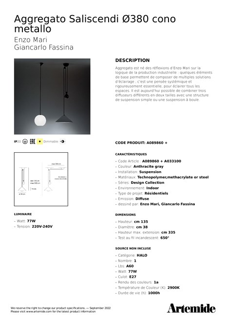 AGGREGATO SALISCENDI CONO Suspension By Artemide design Enzo Mari ...