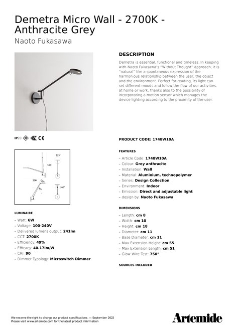 DEMETRA MICRO | Wall lamp Demetra Collection By Artemide design Naoto ...
