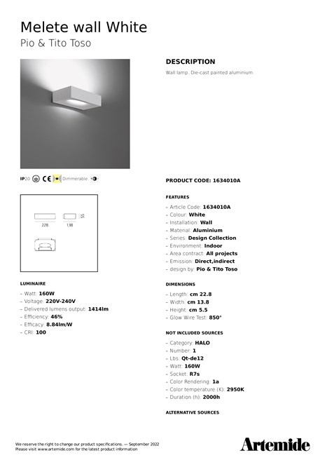 MELETE wall lamp By Artemide design Pio & Tito Toso
