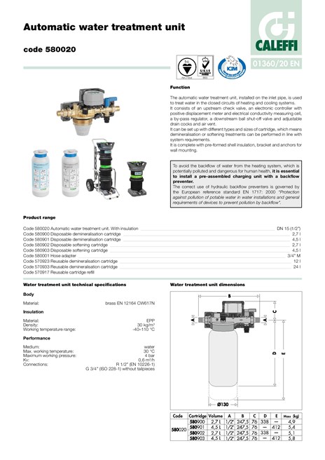 580 Automatic water treatment unit By CALEFFI