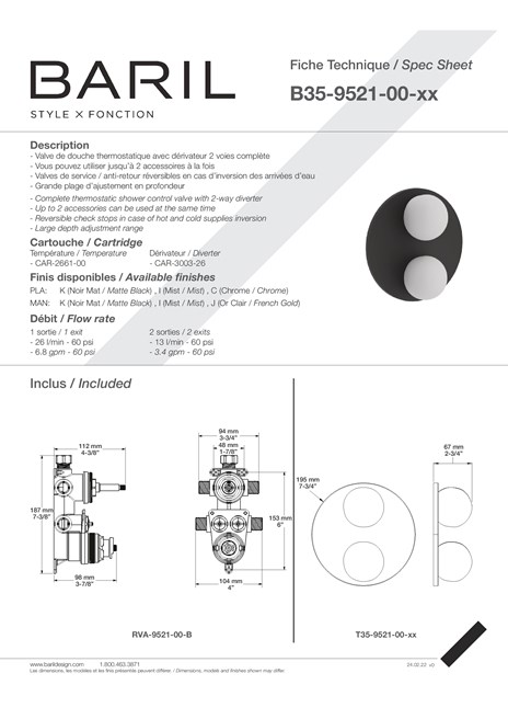 MARIE B35 Complete thermostatic valve with 2-way diverter By BARIL
