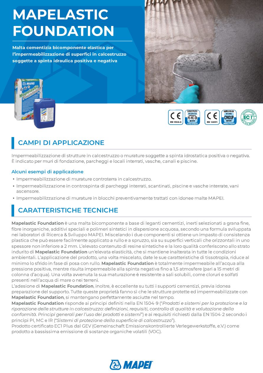 MAPELASTIC FOUNDATION Prodotto impermeabilizzante a base cementizia By MAPEI