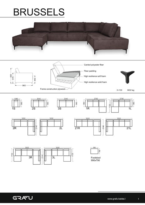 Sectional velvet sofa with chaise longue BRUSSELS By GRAFU