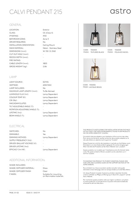 CALVI Lámpara colgante en acero y vidrio By Astro Lighting