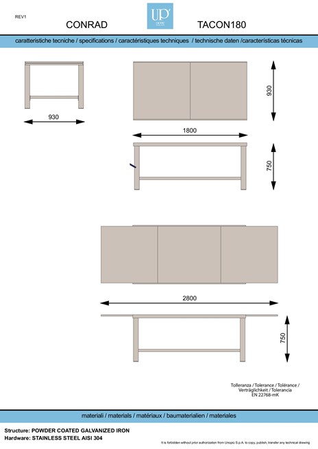 CONRAD Extending rectangular iron table By Unopiù