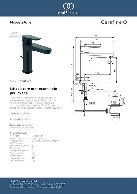 CERAFINE O NERO SETA - BC699XG Rubinetto per lavabo By Ideal Standard