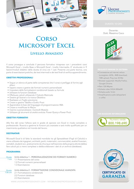 Corso online Excel Corso online Excel – livello avanzato By UNIPRO