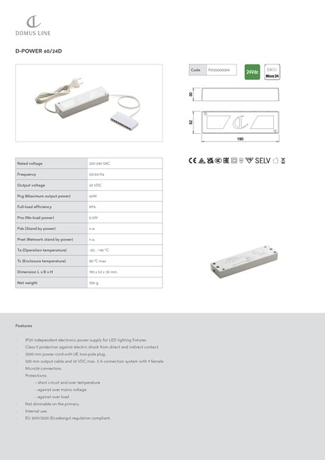 D-POWER 60/24D LED power supply By Domus Line