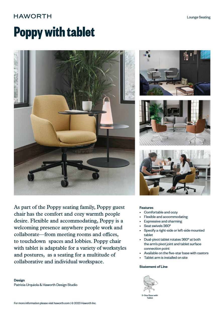 POPPY Swivel fabric training chair with writing tablet By Haworth