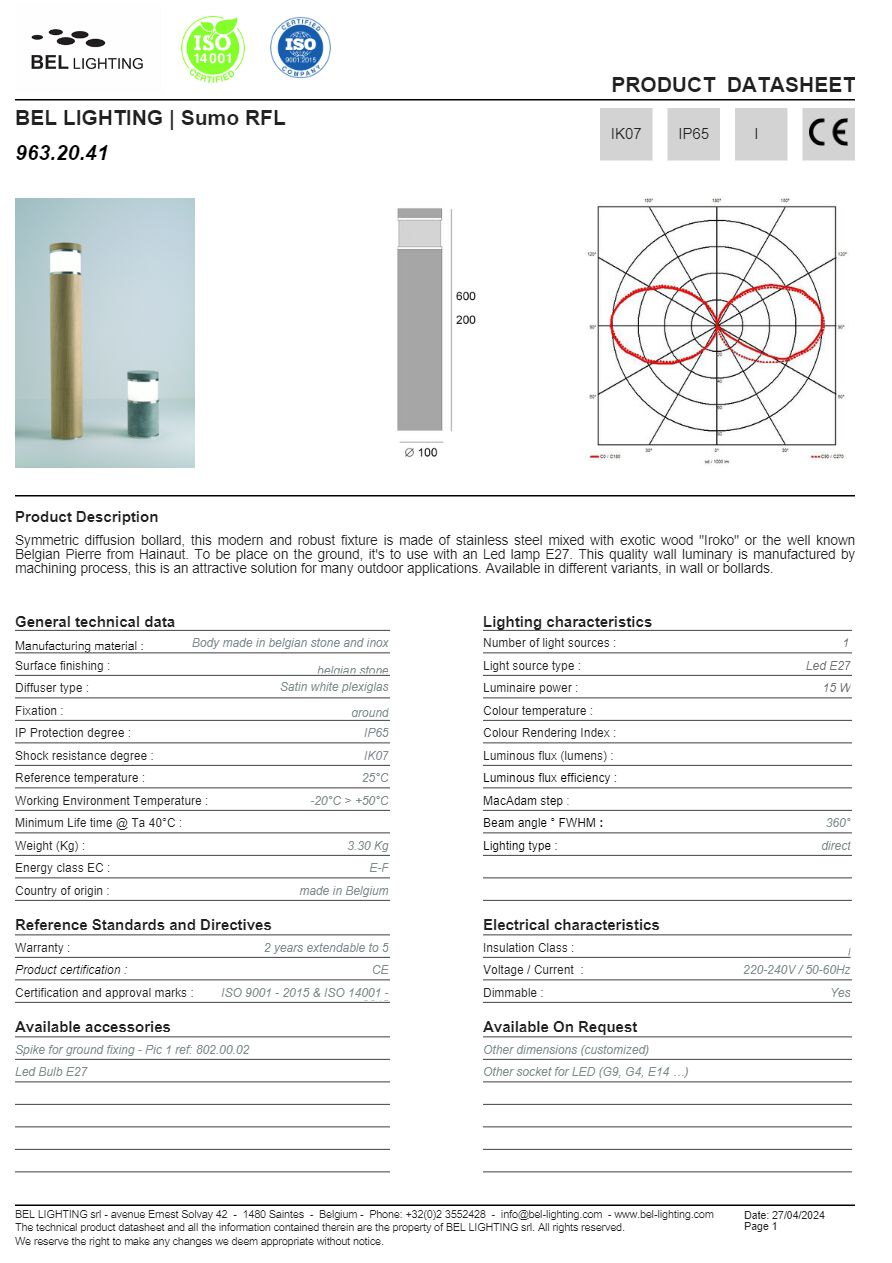 SUMO RFL Borne d'éclairage By BEL-LIGHTING