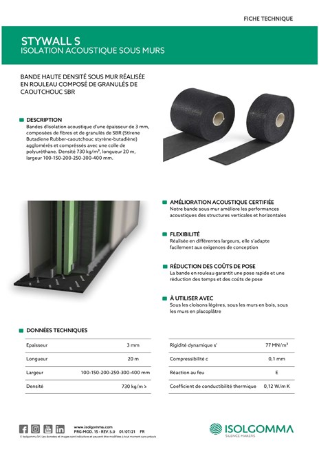 Feutre insonorisant et d’isolation acoustique en matière synthétique STYWALL By Isolgomma