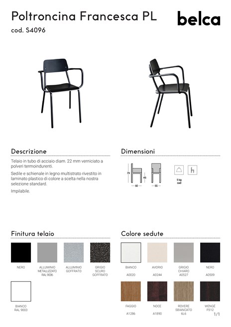 FRANCESCA PL Silla apilable en acero y madera con brazos By Belca