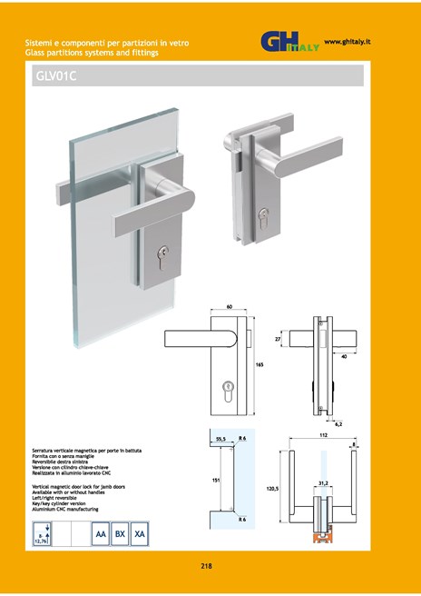 Magnetic Anodized aluminium glass door lock SERIE GLV01 By GH ITALY