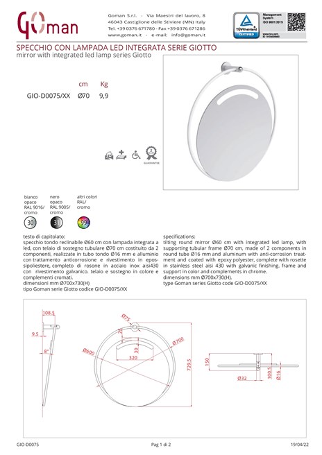GIOTTO Specchio rotondo da parete per bagno By Goman