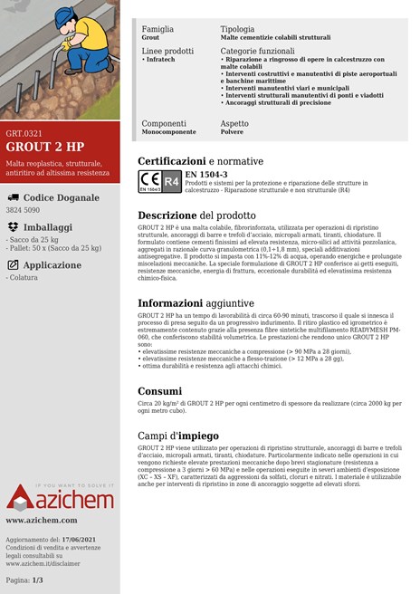 Malta strutturale ad altissima resistenza GROUT 2 HP By Azichem