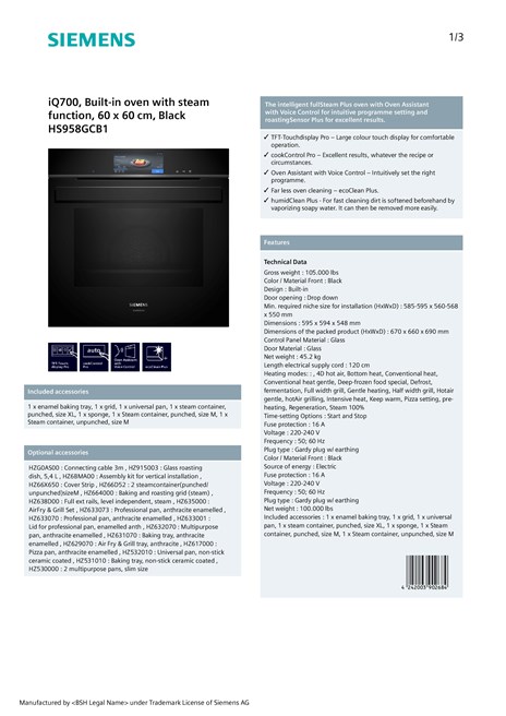 iQ700 - HS958GCB1 Horno a vapor By Siemens