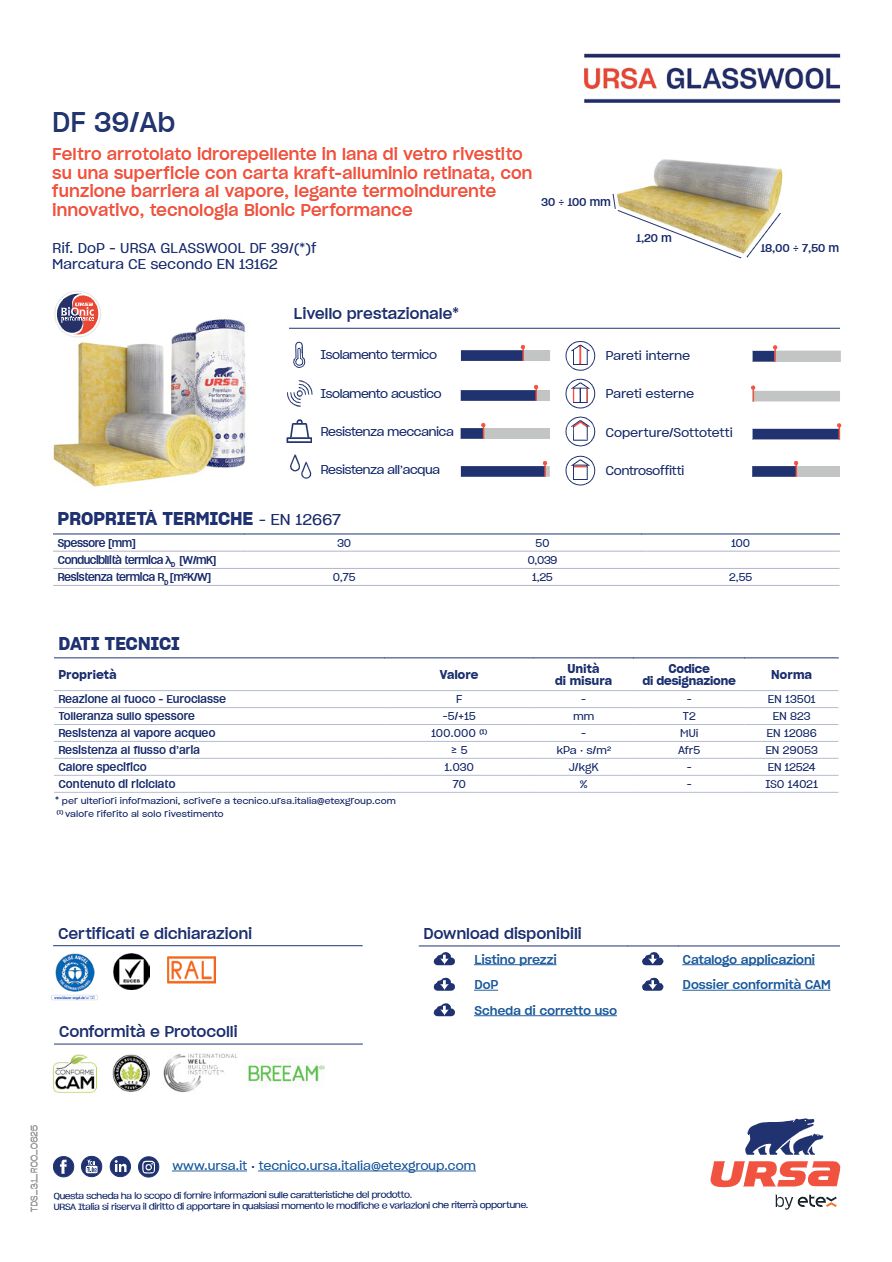 URSA GLASSWOOL DF 39/AB Pannello fonoisolante e fonoassorbente By URSA