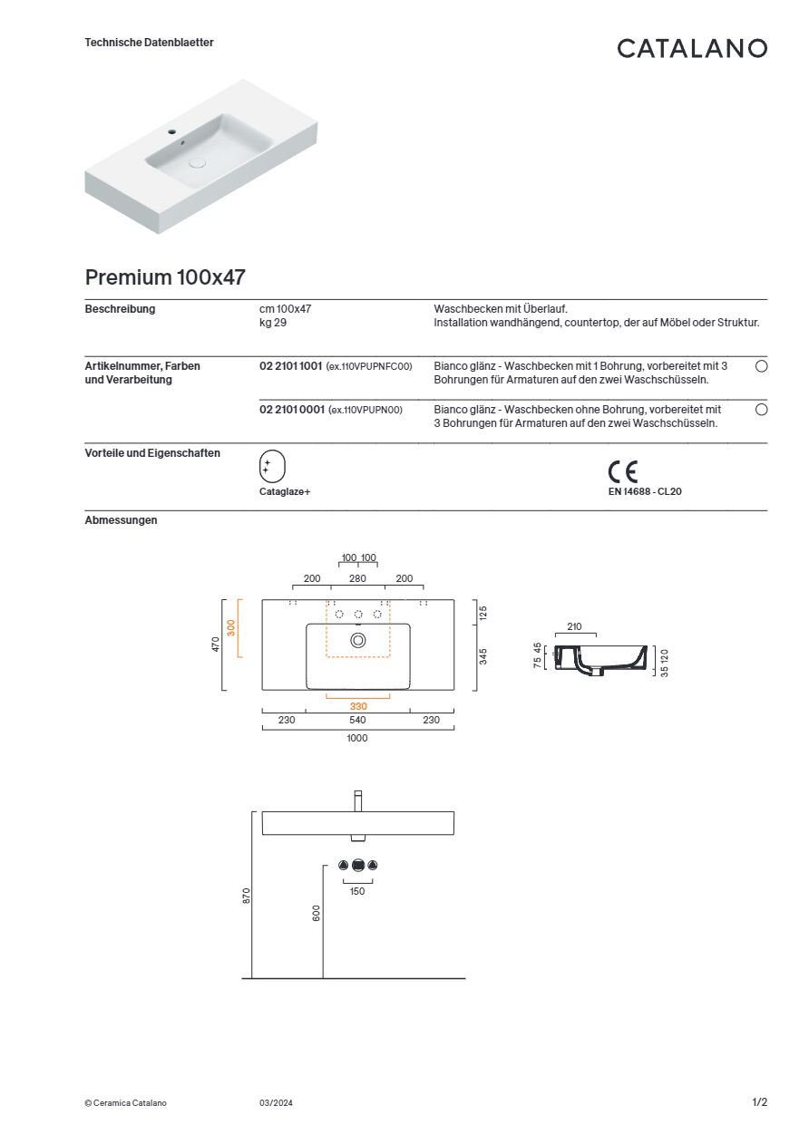 PREMIUM 100 Rechteckiges Waschbecken mit Hahnlochbank mit Waschtisch By ...