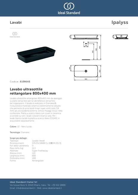 IPALYSS - E1391 Lavabo da appoggio rettangolare in ceramica By Ideal ...