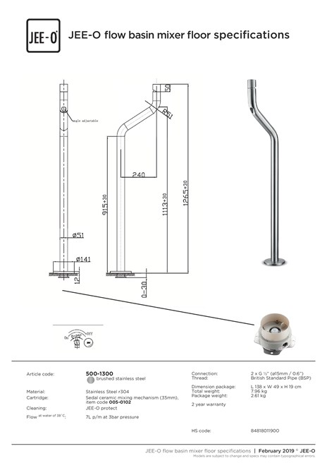 Floor standing stainless steel washbasin mixer FLOW BASIN MIXER FLOOR By JEE-O