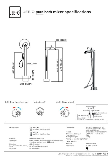 PURE BATH MIXER Badewanne-Mischbatterie aus Edelstahl zur Bodenmontage mit Brausekopf By JEE-O