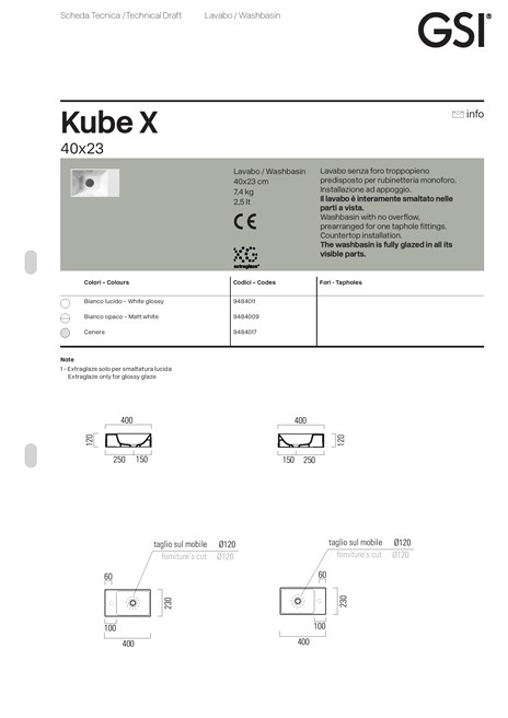 KUBE X 40X23 | Handrinse basin Countertop rectangular wall-mounted ...