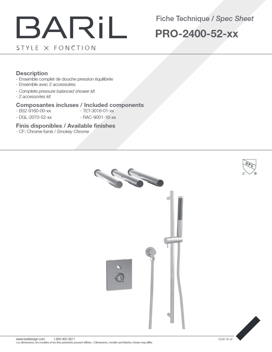 PRO-2400-52 Set doccia termostatico con doccetta By BARIL