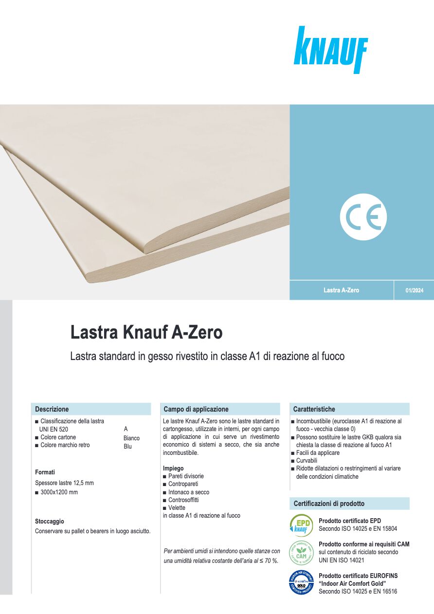 A-ZERO® Lastra in gesso rivestito standard By Knauf Italia